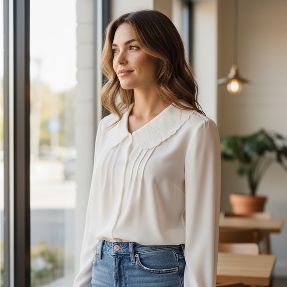 Koret | Tops | Vintage Koret White Blouse W Embroidered Peter Pan ...